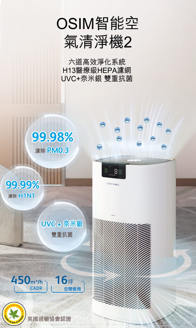 OSIM 智能空氣清淨機2-六道過濾，雙重抗菌，超靜音